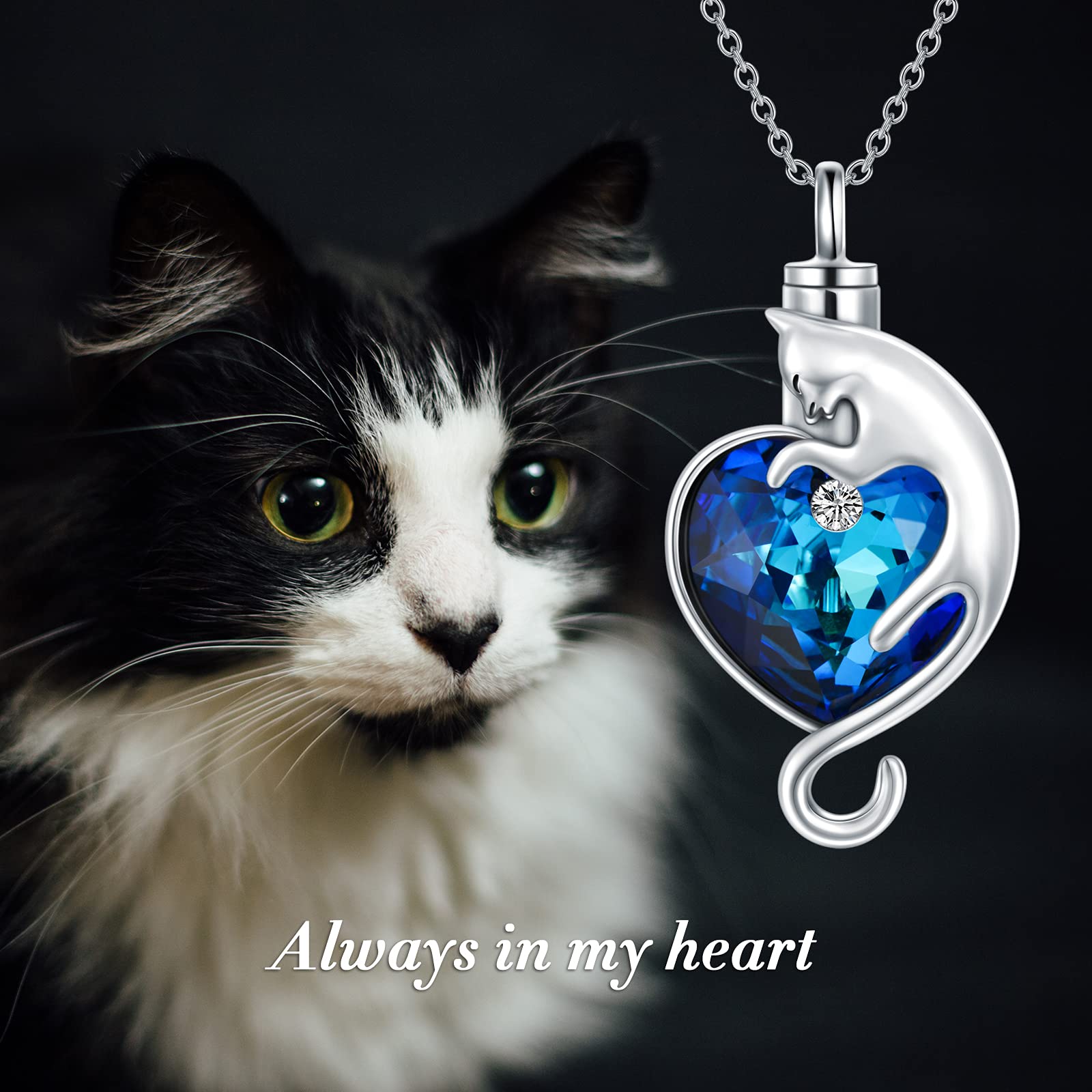 Cat Urn Necklace for Ashes Sterling Silver My Angel Cat Animal Cremation Keepsake Memorial Jewelry for Ashes with Blue Heart Crystal from Austria