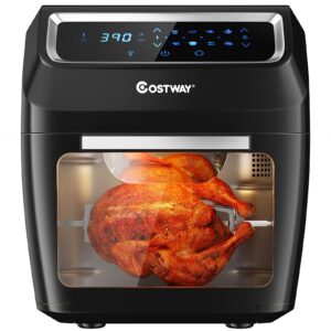 costway air fryer oven, 8-in-1 convection air dehydrator oven with 6 rotisserie accessories, led touch screen, countertop air broiler oven for pizza, toast, turkey roast, fruit slice, 1700w