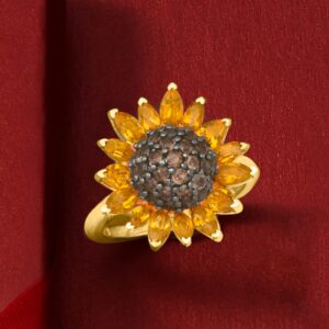 Ross-Simons 1.70 ct. t.w. Citrine and .80 ct. t.w. Smoky Quartz Sunflower Ring in 18kt Gold Over Sterling. Size 7