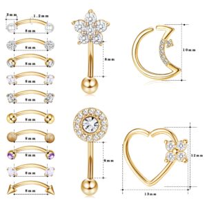 Drperfect Rook Daith Piercing Jewelry 16G Surgical Steel 8mm Curved Barbell Eyebrow Rings Helix Tragus Snug Lip Belly Button Piercing Heart Moon Daith Rook Earrings for Women Men