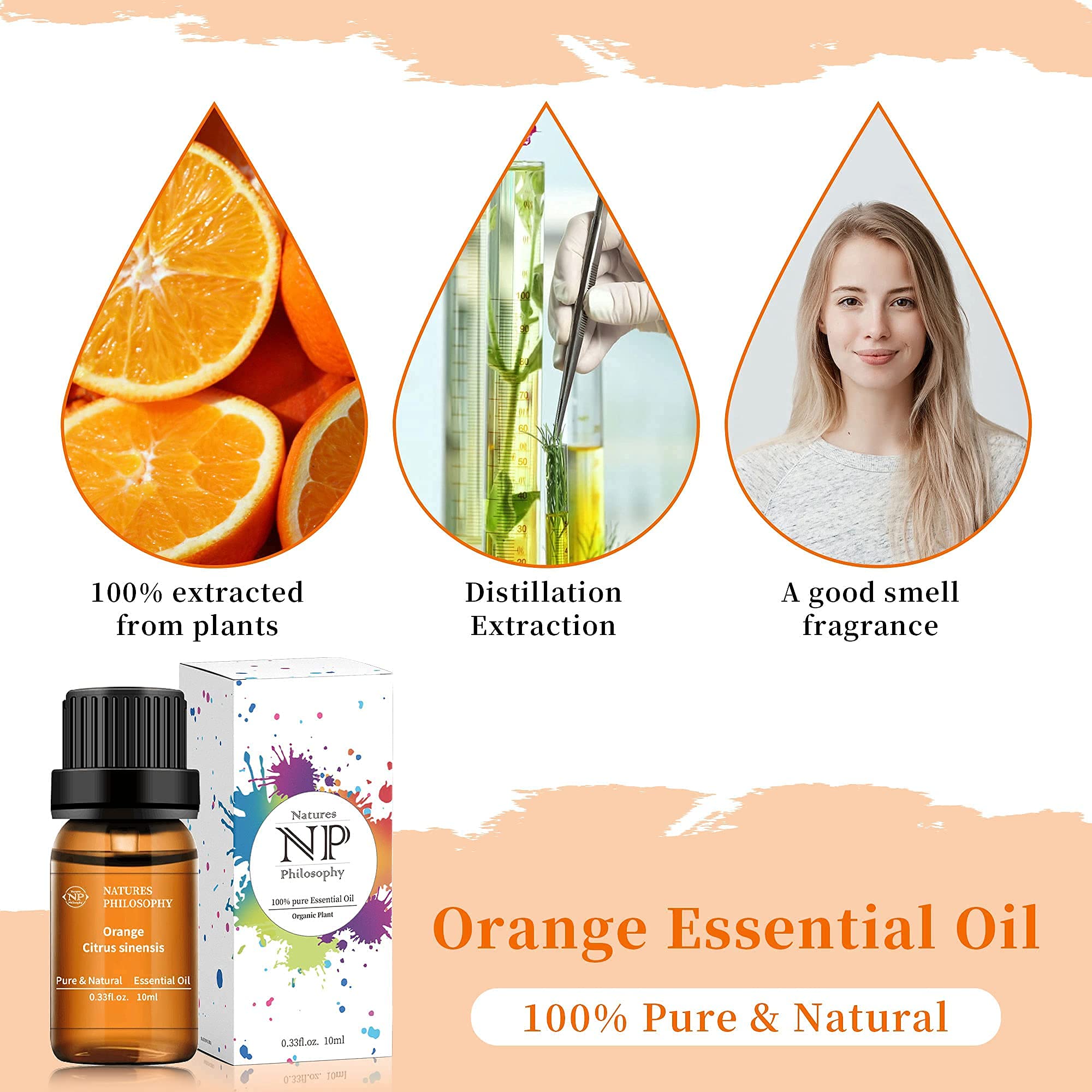 NP Natures Philosophy Orange Essential Oil 10ml, Pure & Plant-Based Aromatherapy Oils for Diffuser, Massage, Skin Care, Bath