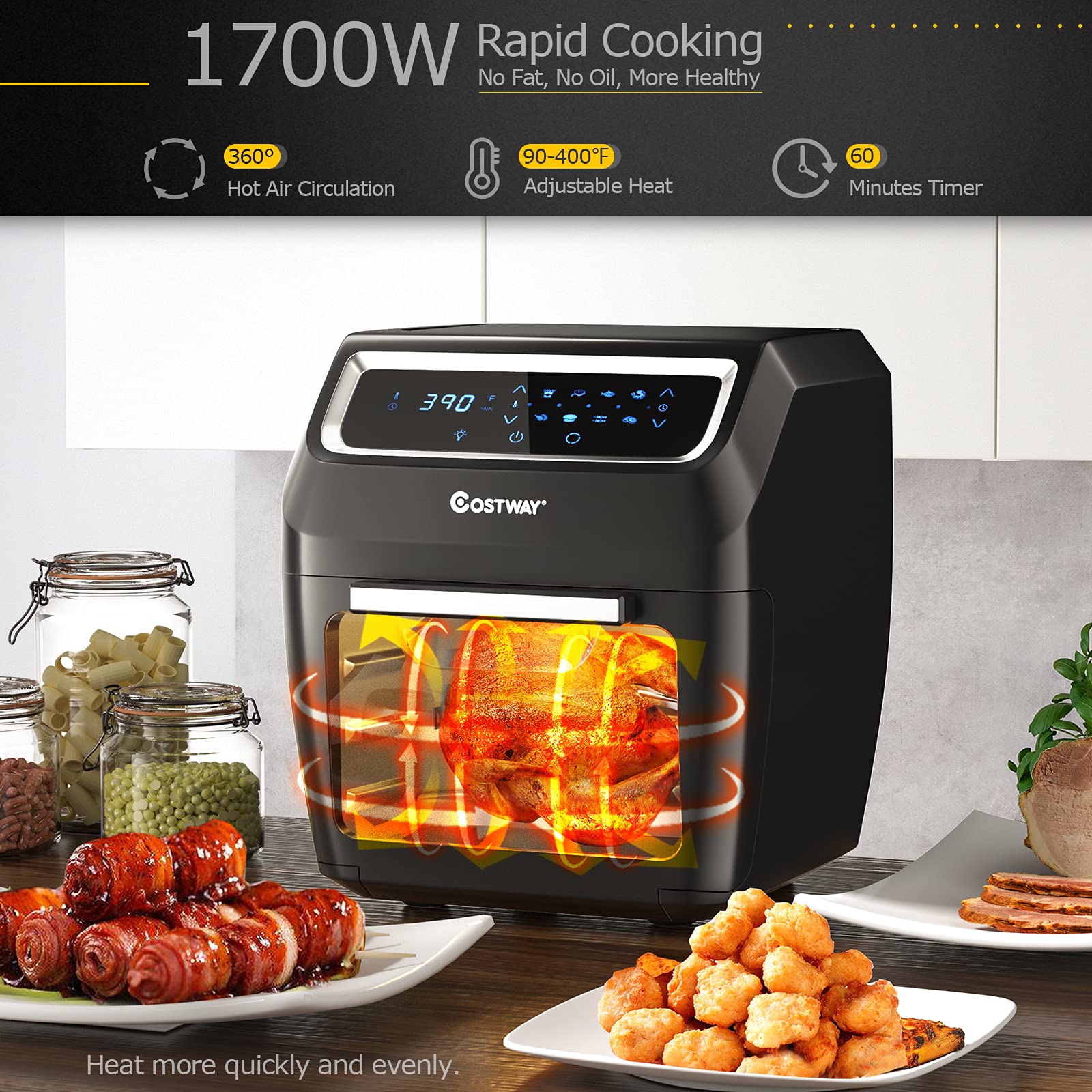 COSTWAY Air Fryer Oven, 8-In-1 Convection Air Dehydrator Oven with 6 Rotisserie Accessories, LED Touch Screen, Countertop Air Broiler Oven for Pizza, Toast, Turkey Roast, Fruit Slice, 1700W