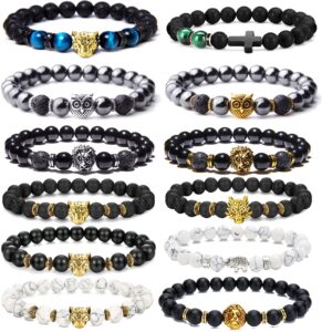 casdan 12pcs 8mm lava rock stone bead bracelet for men women dragon/lion/panther leopard head bracelet charm bracelets set adjustable