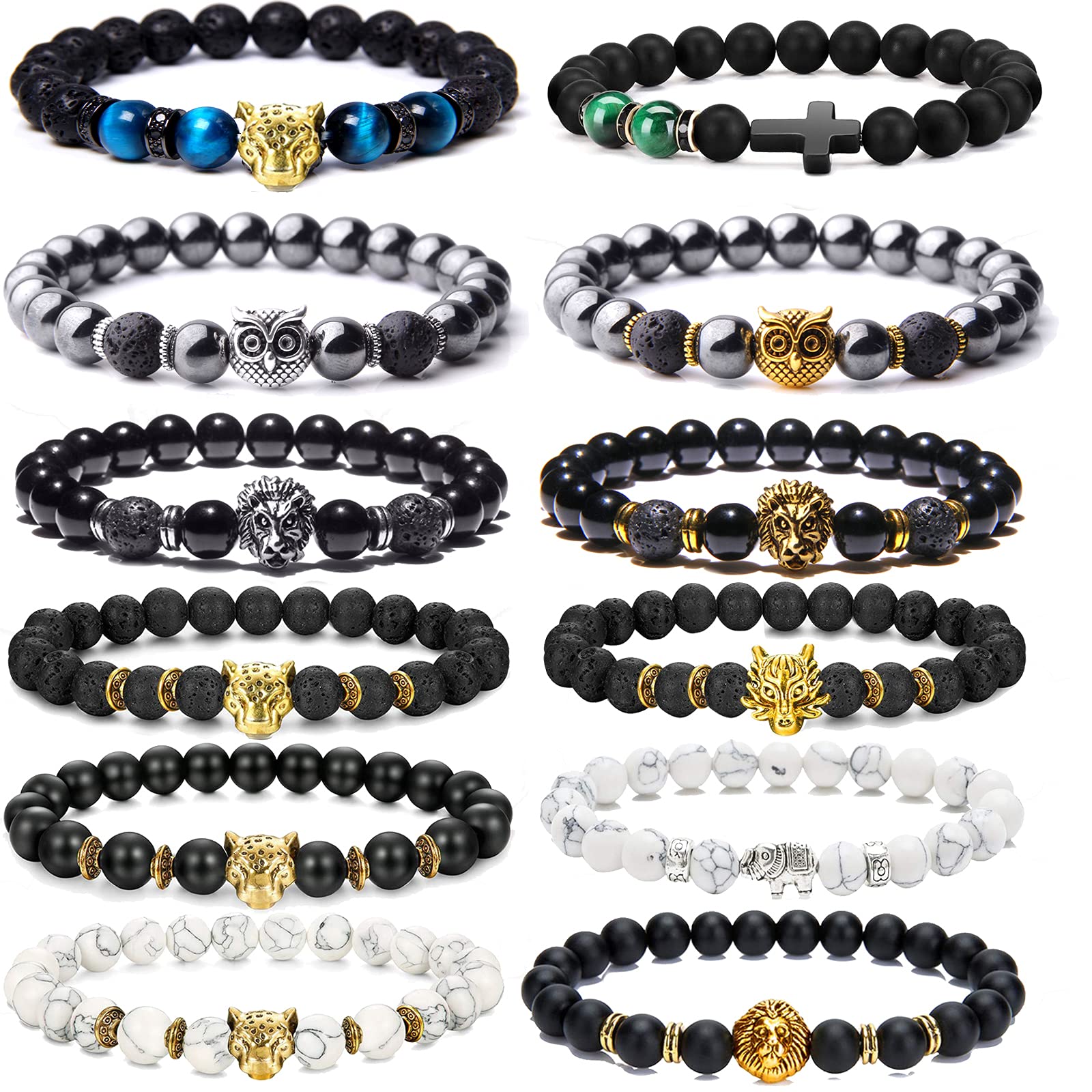 CASDAN 12Pcs 8MM Lava Rock Stone Bead Bracelet for Men Women Dragon/Lion/Panther Leopard Head Bracelet Charm Bracelets Set Adjustable