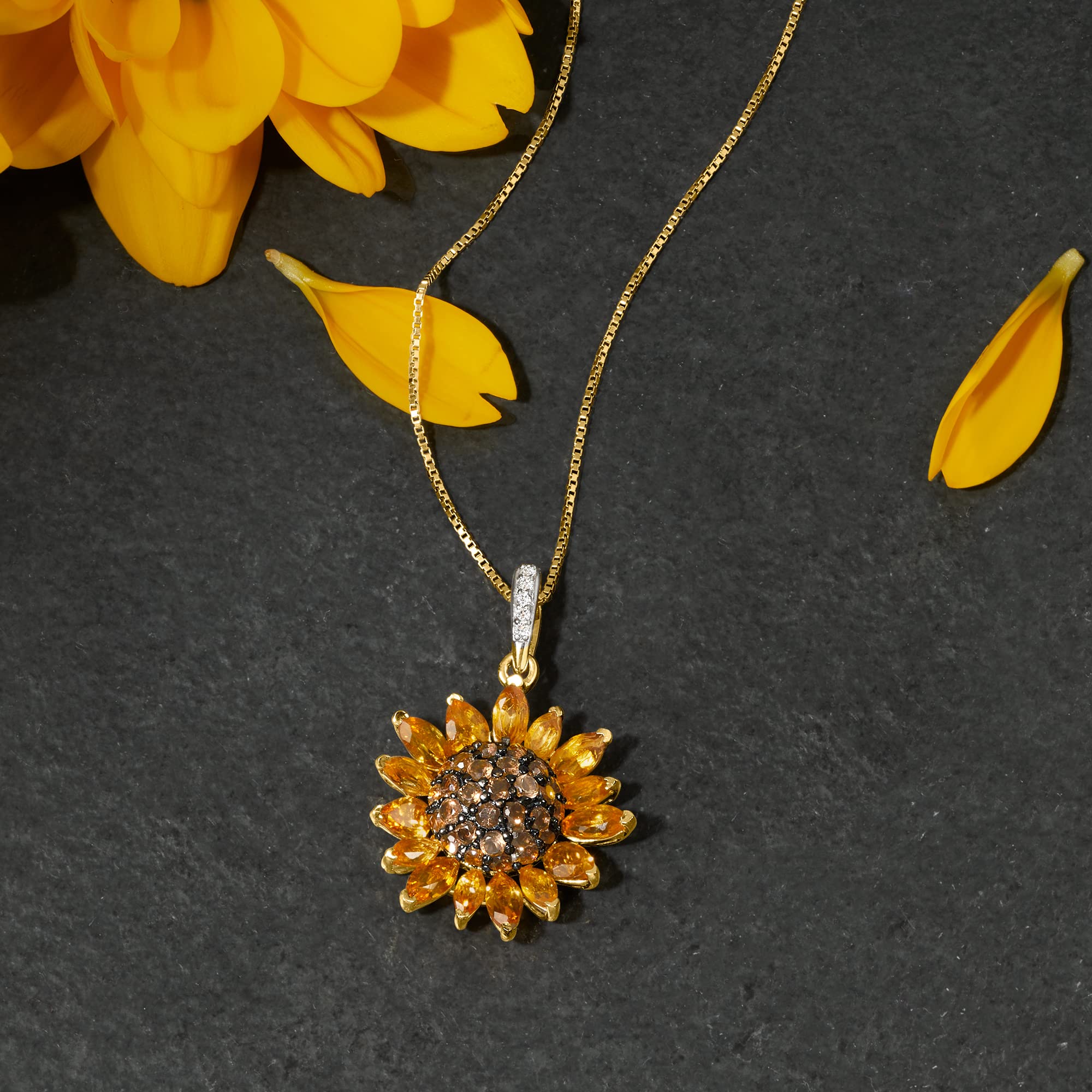 Ross-Simons 1.70 ct. t.w. Citrine and .80 ct. t.w. Smoky Quartz and .10 ct. t.w. White Topaz Sunflower Pendant Necklace in 18kt Gold Over Sterling. 18 inches