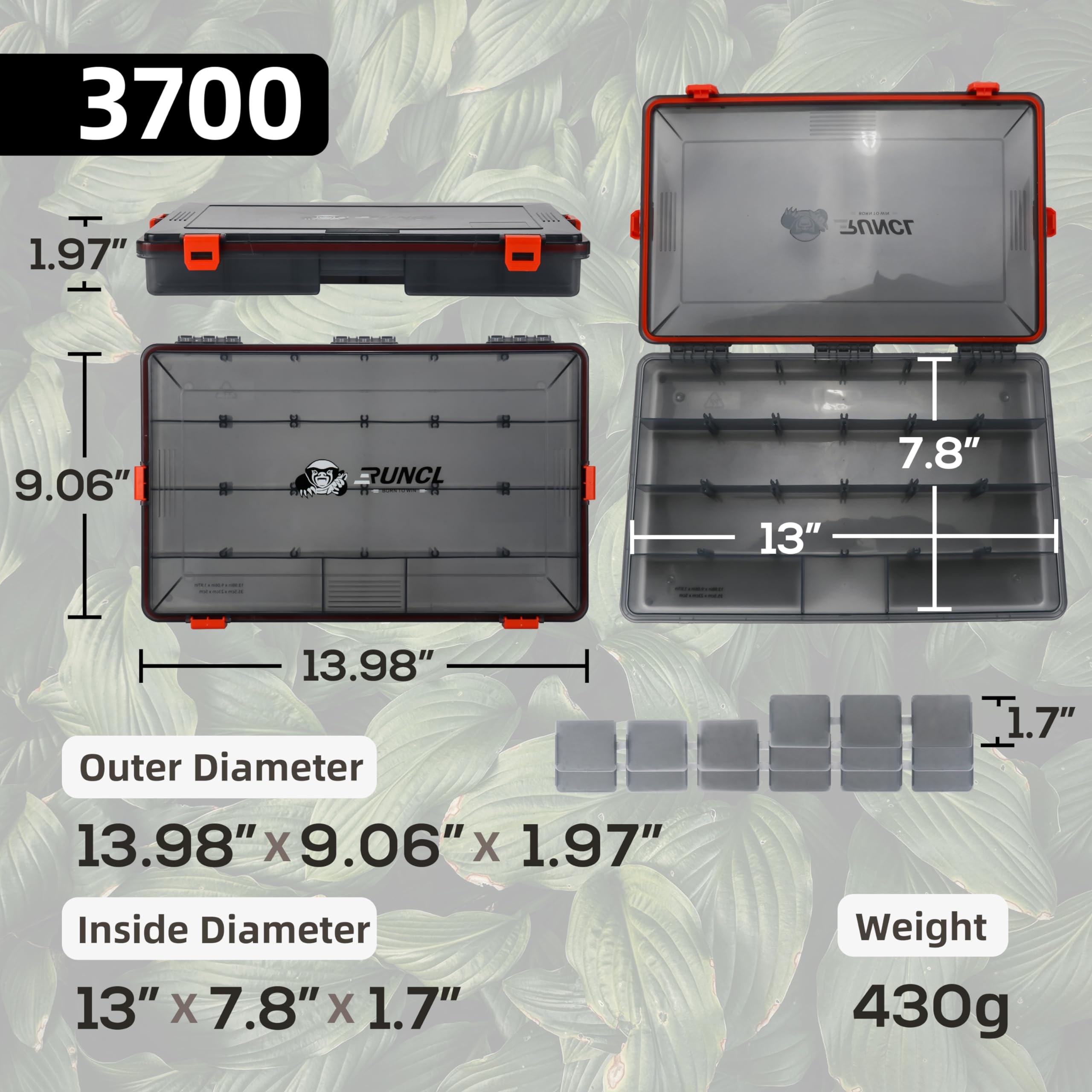 RUNCL Fishing Tackle Box, Waterproof Airtight Stowaway, 3600/3700 Tray Tackle Box with Adjustable Dividers, Plastic Storage Organizer(2pcs 3700)