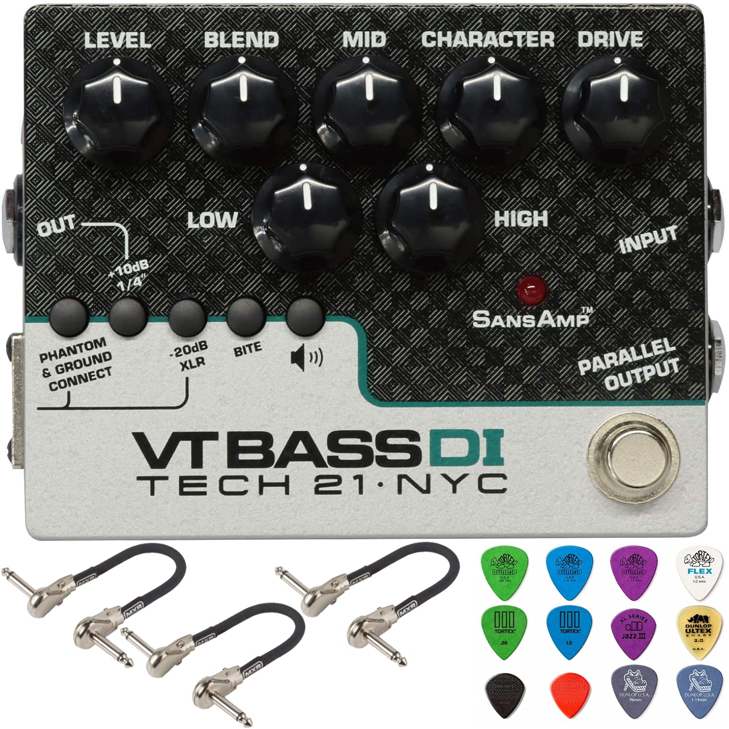 Tech 21 SansAmp Character Series VT Bass DI Bundle with 3 MXR Patch Cables and Dunlop Pick Pack