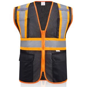 sulwzm high visibility reflective safety vest with zipper and pockets black,xxl