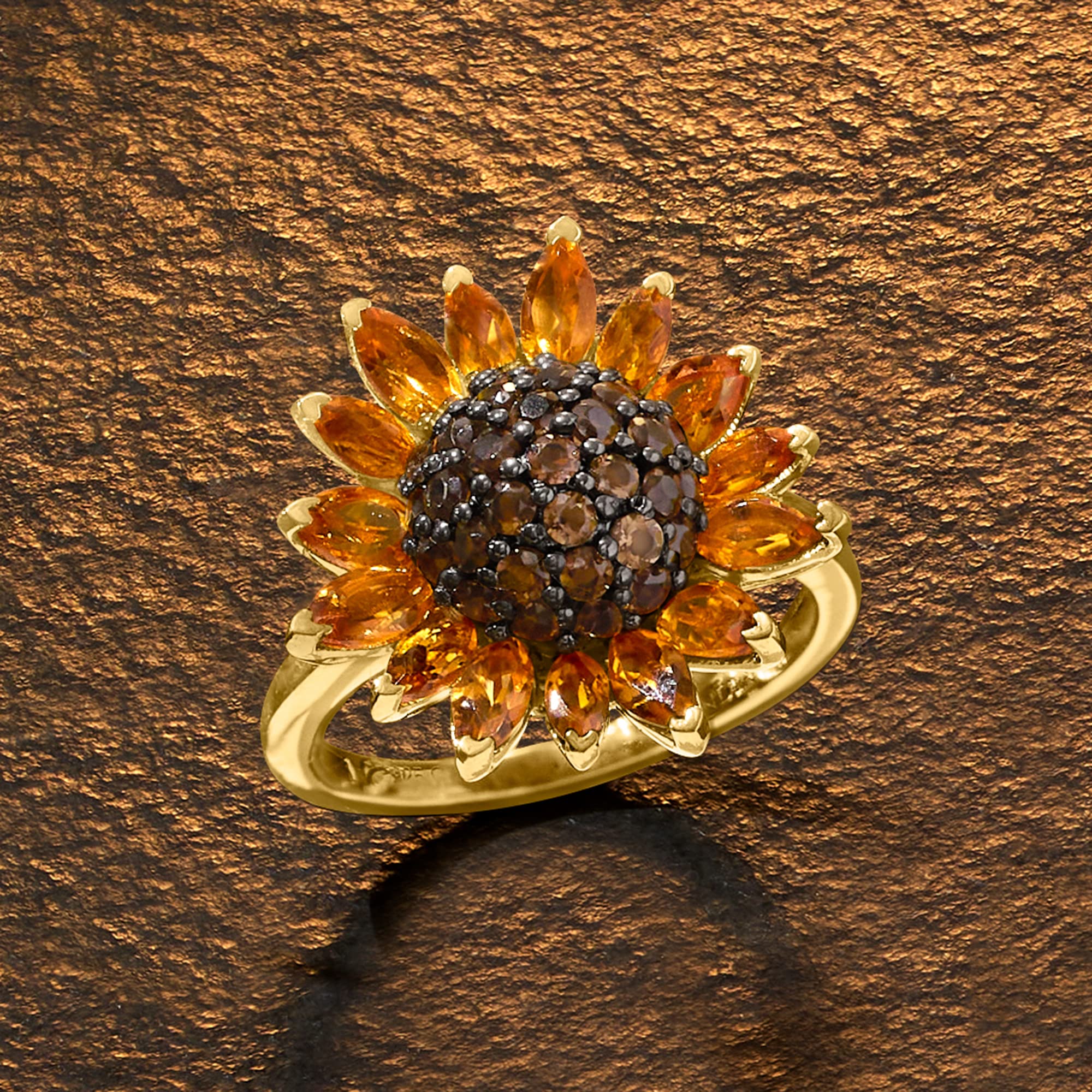 Ross-Simons 1.70 ct. t.w. Citrine and .80 ct. t.w. Smoky Quartz Sunflower Ring in 18kt Gold Over Sterling. Size 7