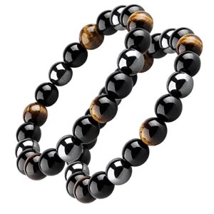 hozeal triple protection bracelet, black obsidian tiger eye stone hematite wealth bracelets for men women for bring luck and prosperity, beaded buddha crystals rope stretch bracelet (10mm-7inch)