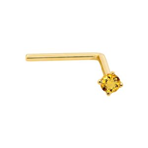 22g solid 14kt gold l-shape nose stud with real citrine gemstone, 14kt yellow gold or 14kt white gold prong setting - november birthstone nose ring-lsyg_cn-1.5mm