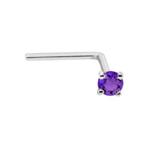 22g solid 14kt gold l-shape nose stud with real amethyst gemstone, 14kt yellow gold or 14kt white gold prong setting - february birthstone nose ring-lswg_amt-2mm