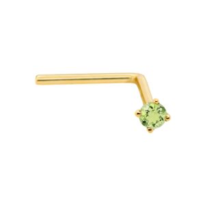 22g solid 14kt gold l-shape nose stud with real peridot gemstone, 14kt yellow gold or 14kt white gold prong setting - august birthstone nose ring-lsyg_pd-1.5mm