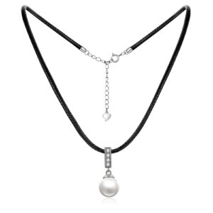 sterling silver pearl choker necklace faux leather cord chain pearl jewelry gift for women,14+2", (pearl choker)