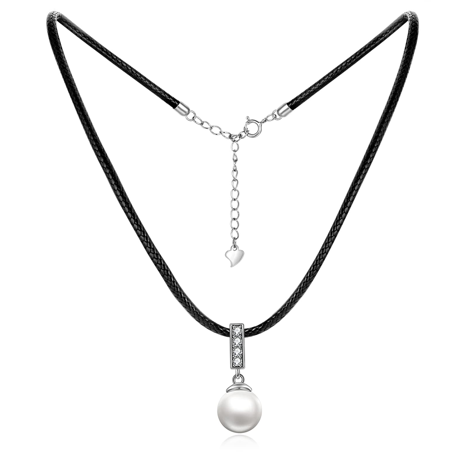 Sterling Silver Pearl Choker Necklace Faux Leather Cord Chain Pearl Jewelry Gift for Women,14+2", (Pearl Choker)