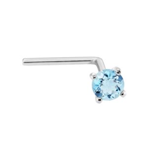 22g solid 14kt gold l-shape nose stud with real blue topaz gemstone, 14kt yellow gold or 14kt white gold prong setting - december birthstone nose ring-lswg_tp-2.5mm