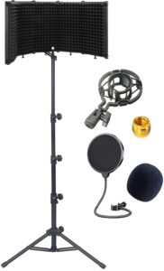 gleam microphone isolation shield - tripod stand 2 ft 6" to 5 ft 10" height adjustable stand compatible w/blue yeti, at2020, akg, rode microphones