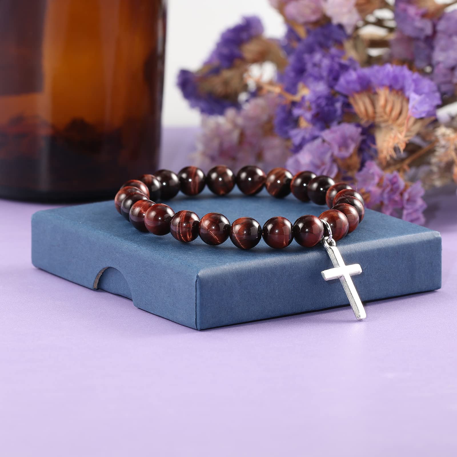 PARTNER Godfather Gifts from Godchild Godfather Baptism Gifts Cross Charm Bracelet Godfather Stone Beads Bracelet (Tiger Eye Stone Beads Godfather Bracelet)