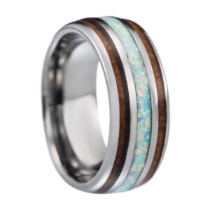 aloha jewelry company 8mm opal tungsten carbide hawaiian koa tree wood with created comfort fit ring engagement wedding band dome style weighted high polished finish with gift box (white opal, 13)