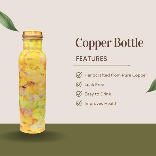 Perilla Home Copper Water Bottle 34 Oz Leak Proof 100% Pure - An Ayurvedic Copper Vessel - Drink More Water And Enjoy The Health Benefits Immediately/Yoga Bottle (Printed 5)