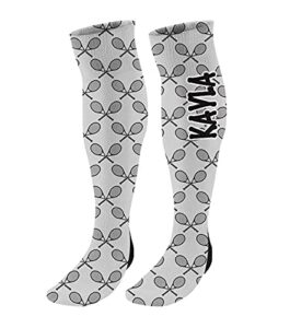 fan star personalized tennis knee high socks, custom tennis racquet socks with name or team name, choose the background color!