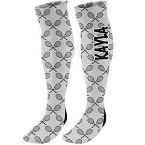 FAN STAR Personalized Tennis Knee High Socks, Custom Tennis Racquet Socks with Name or Team Name, Choose the Background Color!