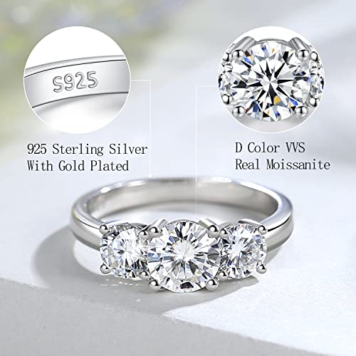 YODEWA 3 Stone Moissanite Engagement Rings 925 Sterling Silver 2ct D Color VVS Lab Created Diamond Round Cut Sparkling Wedding Band for Women Size 7