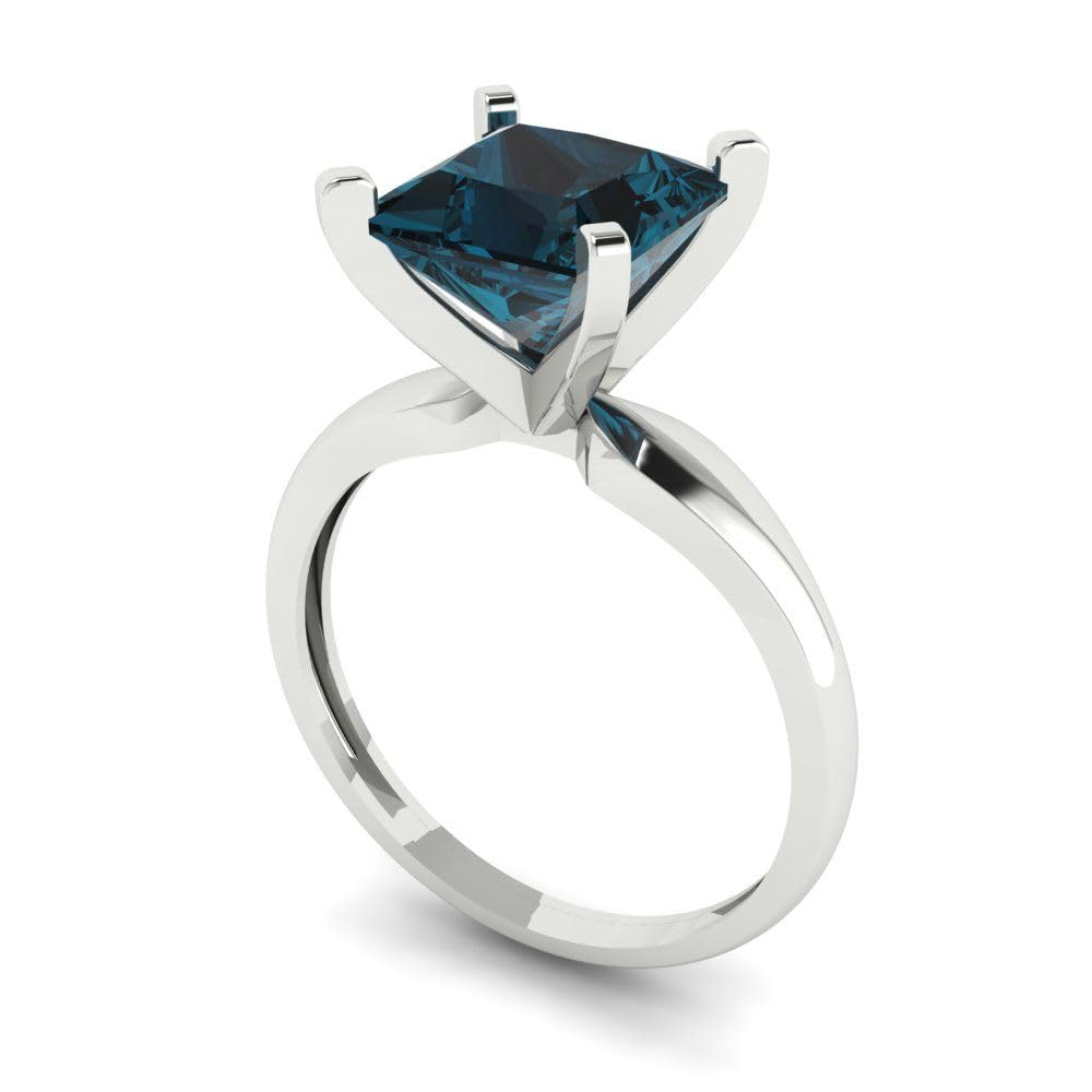 Clara Pucci 2.6 ct Princess Cut Engraving London Blue Topaz Excellent Classic Designer Solitaire Statement Ring 18K White Gold Size 8