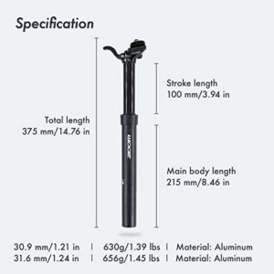 DJC Bike Dropper Seatpost Jump Seat 100mm Travel Manual Control Lever Height Adjustable Seatpost Hydraulic 375mm (Measure diameter before buy, 31.6mm diameter)