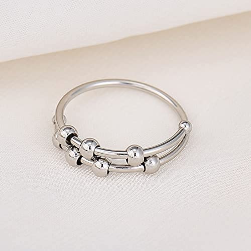 SERYNOW Fidget Ring Double Layer Anxiety Rings for Women Adjustable Worry Rings Beads Stress Relief Ring Fidget Spinner Rings for Girls Men (Silver B 2pcs)