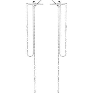 SLUYNZ 925 Sterling Silver CZ Long Dangle Earrings Chain for Women X Long Earrings Tassel 5.9inch (A-Silver)