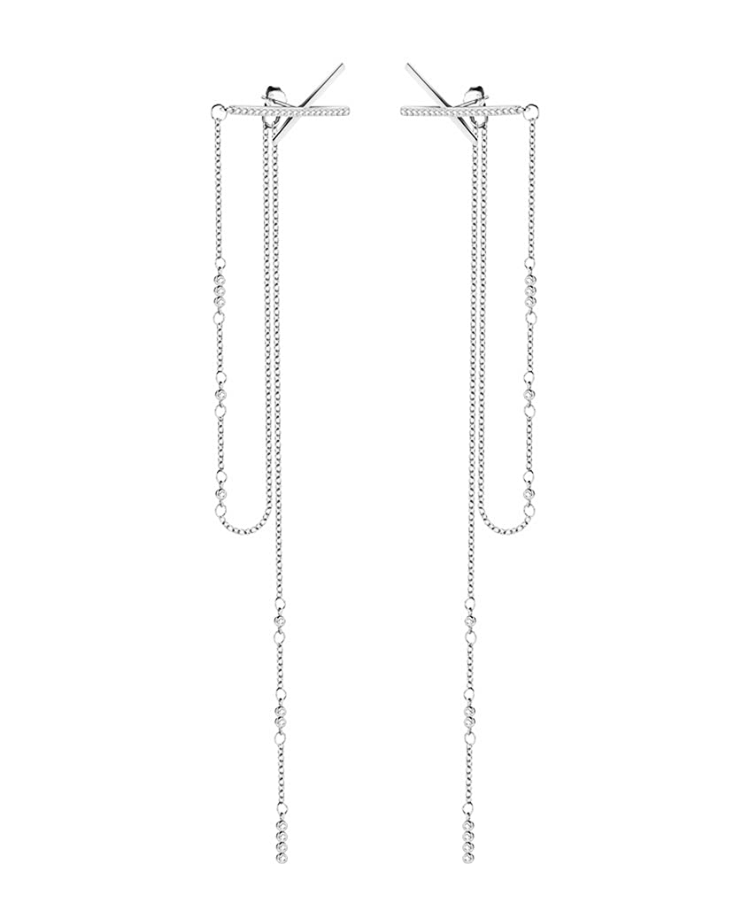 SLUYNZ 925 Sterling Silver CZ Long Dangle Earrings Chain for Women X Long Earrings Tassel 5.9inch (A-Silver)