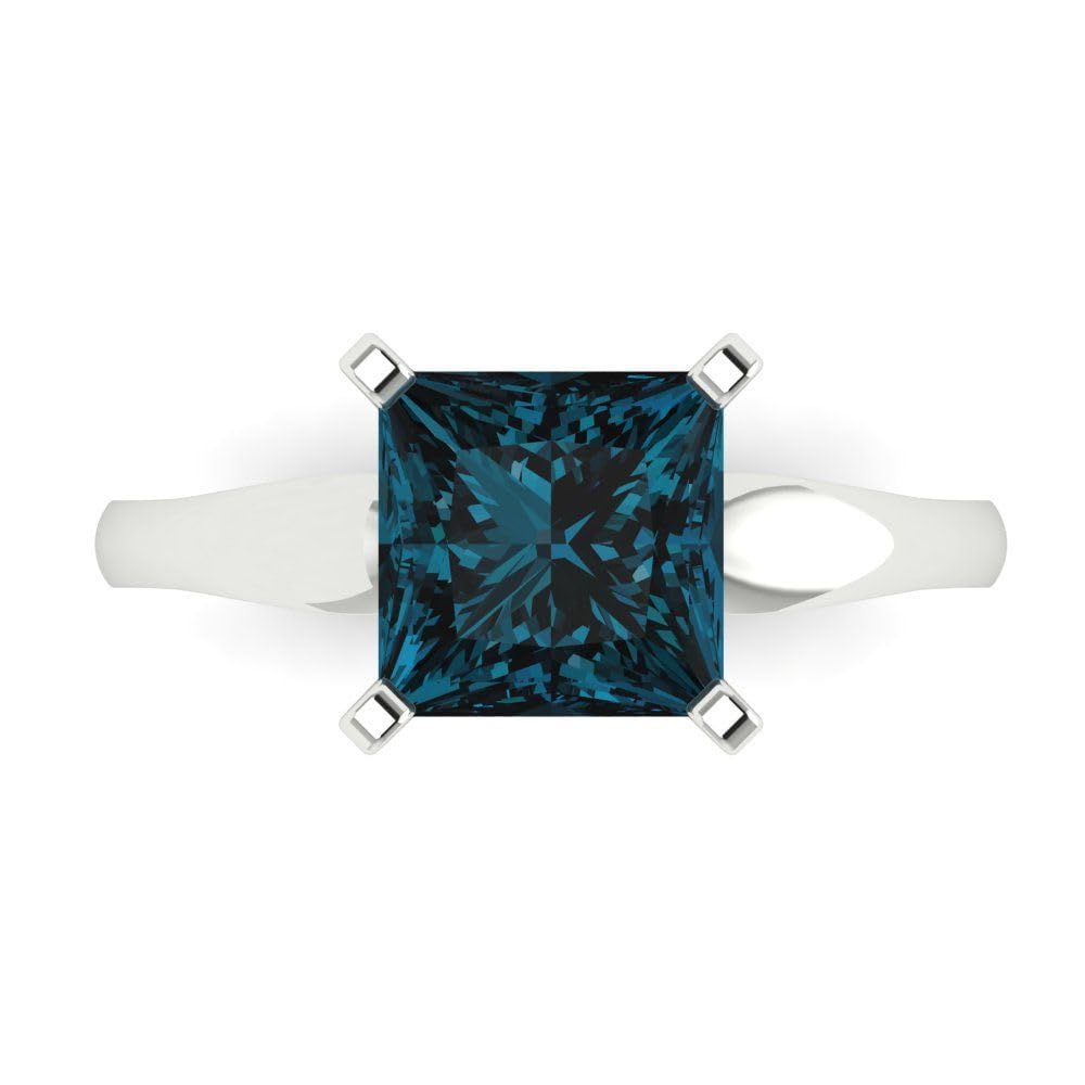 Clara Pucci 2.6 ct Princess Cut Engraving London Blue Topaz Excellent Classic Designer Solitaire Statement Ring 18K White Gold Size 8