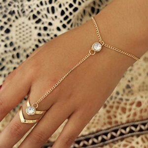 INENIMARTJ Gold Hand Chain Bracelet for Women Ring Bracelet Hand Chain Butterfly Crystal Finger Chain Bracelet Rhinestone Hand Chain Ring Bracelets Boho Slave Bracelet Hand Jewelry (A)