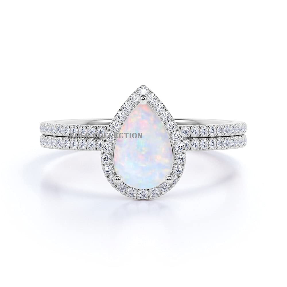 Rosie Collection Pear Shaped Halo Engagement Promise Wedding Bridal Anniversary 925 Sterling Silver Ring Band Set Created-Opal 9