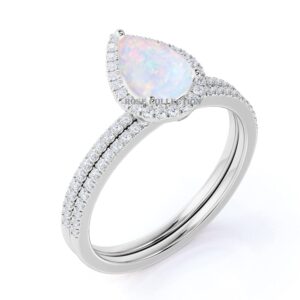 Rosie Collection Pear Shaped Halo Engagement Promise Wedding Bridal Anniversary 925 Sterling Silver Ring Band Set Created-Opal 9