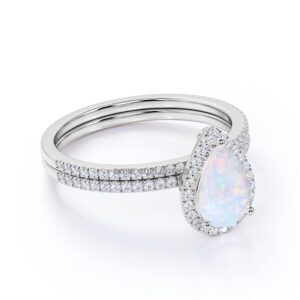 Rosie Collection Pear Shaped Halo Engagement Promise Wedding Bridal Anniversary 925 Sterling Silver Ring Band Set Created-Opal 9