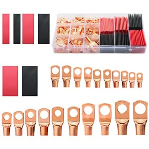 ibosins 150pcs copper battery terminal connectors, awg 2 4 6 8 10 12 cable ends wire lugs assortment kit, 70pcs ring teminal with 80pcs heat shrink tubing