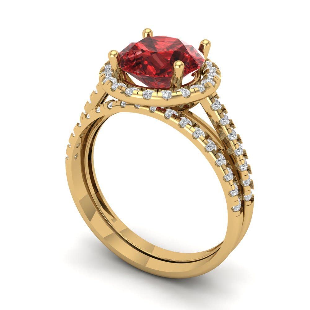 Clara Pucci 2.82ct Round Cut Laser Engraving Halo Pave with Natural Red Garnet Designer Statement Ring Band Set 18K Yellow Gold Size 4.5