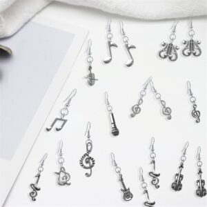 WUWEIJIAJIA 12 Pairs Lightweight Handmade Vintage Silver Music Note Dangle Drop Earrings Sets Musical Instrument Guitar Violin Earrings for Women Music Lover (Silver)