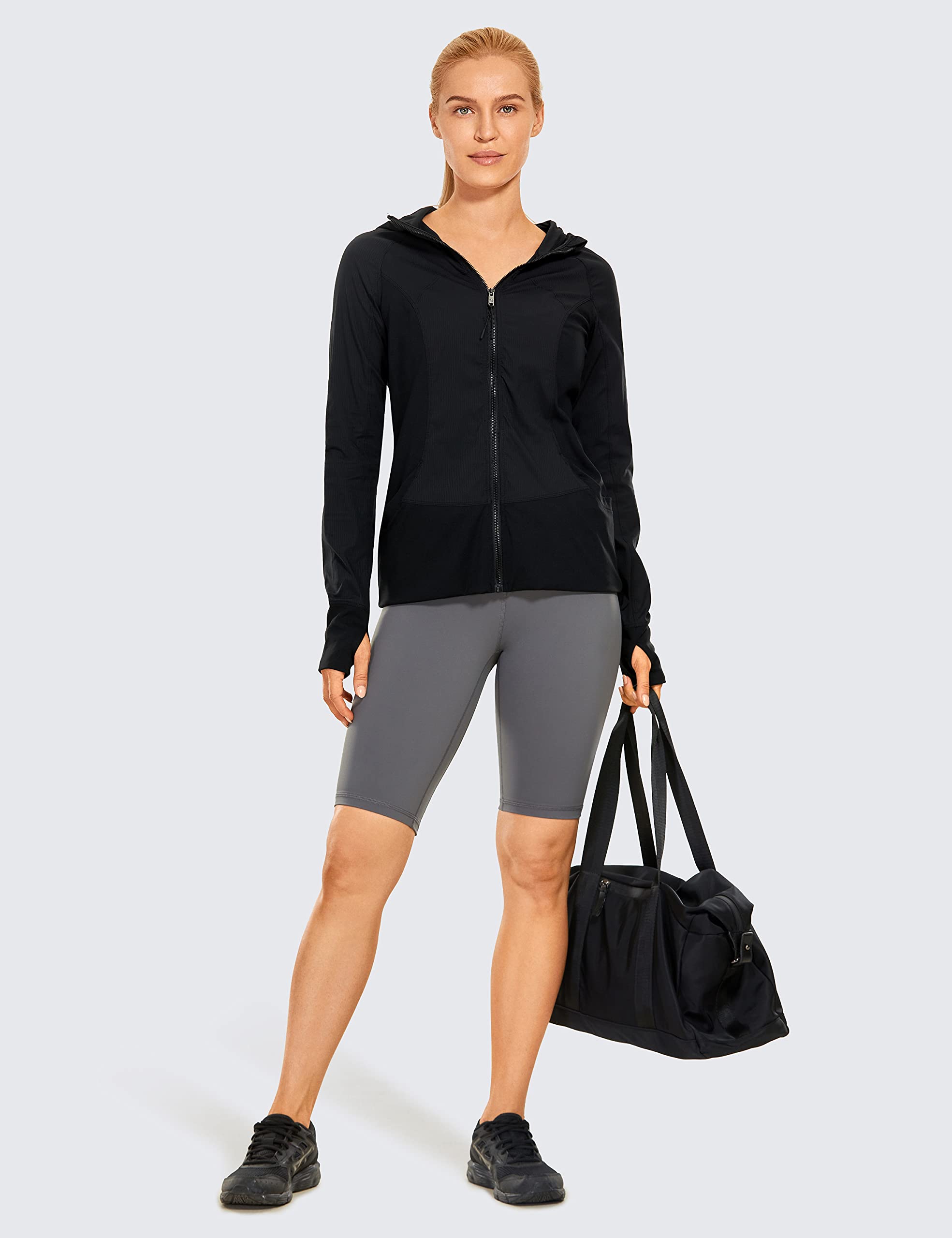 CRZ YOGA Women's Lightweight Breathable Athletic Jackets Full Zip Sweatshirt Running Hoodies with Pockets Black Small