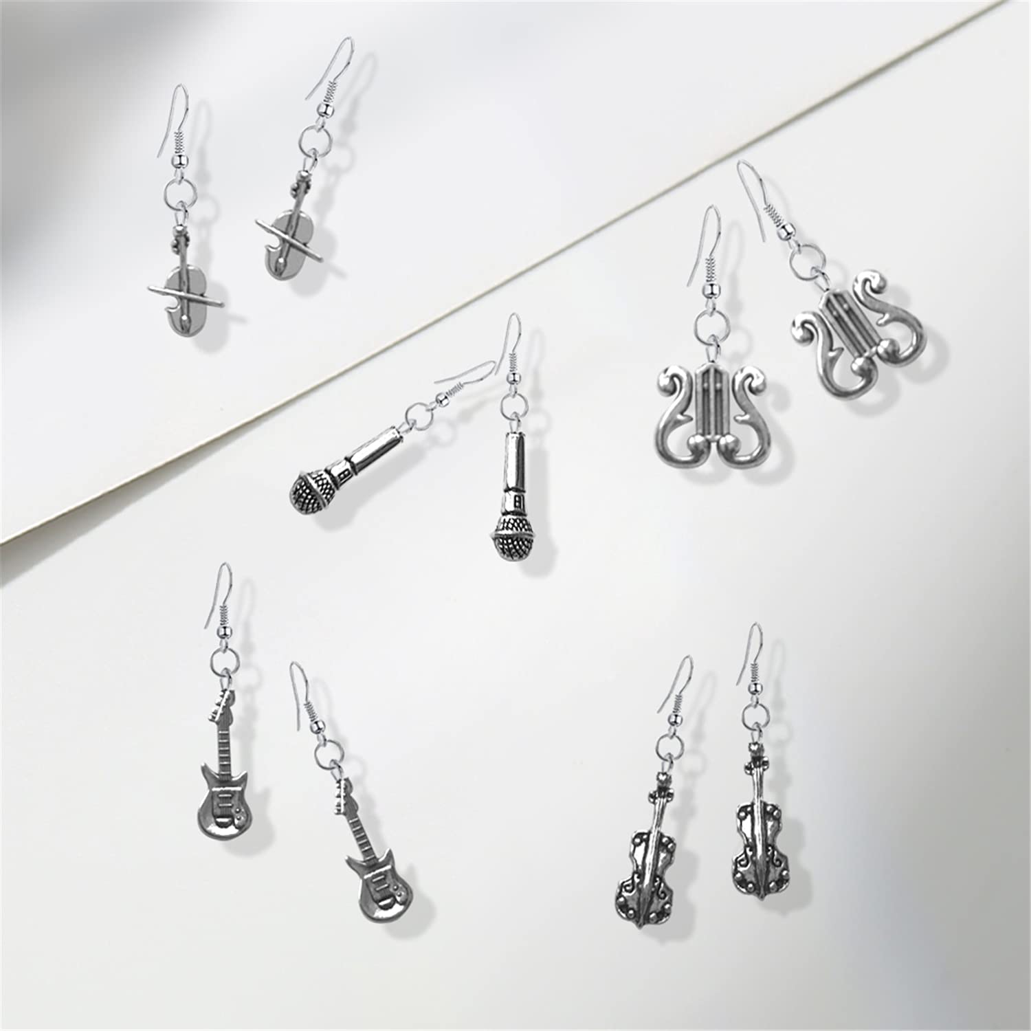 WUWEIJIAJIA 12 Pairs Lightweight Handmade Vintage Silver Music Note Dangle Drop Earrings Sets Musical Instrument Guitar Violin Earrings for Women Music Lover (Silver)