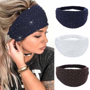 cakure crystal wide headbands rhinestone head bands black turban headband elastic african head wraps sport hair bands for women and girls pack of 3