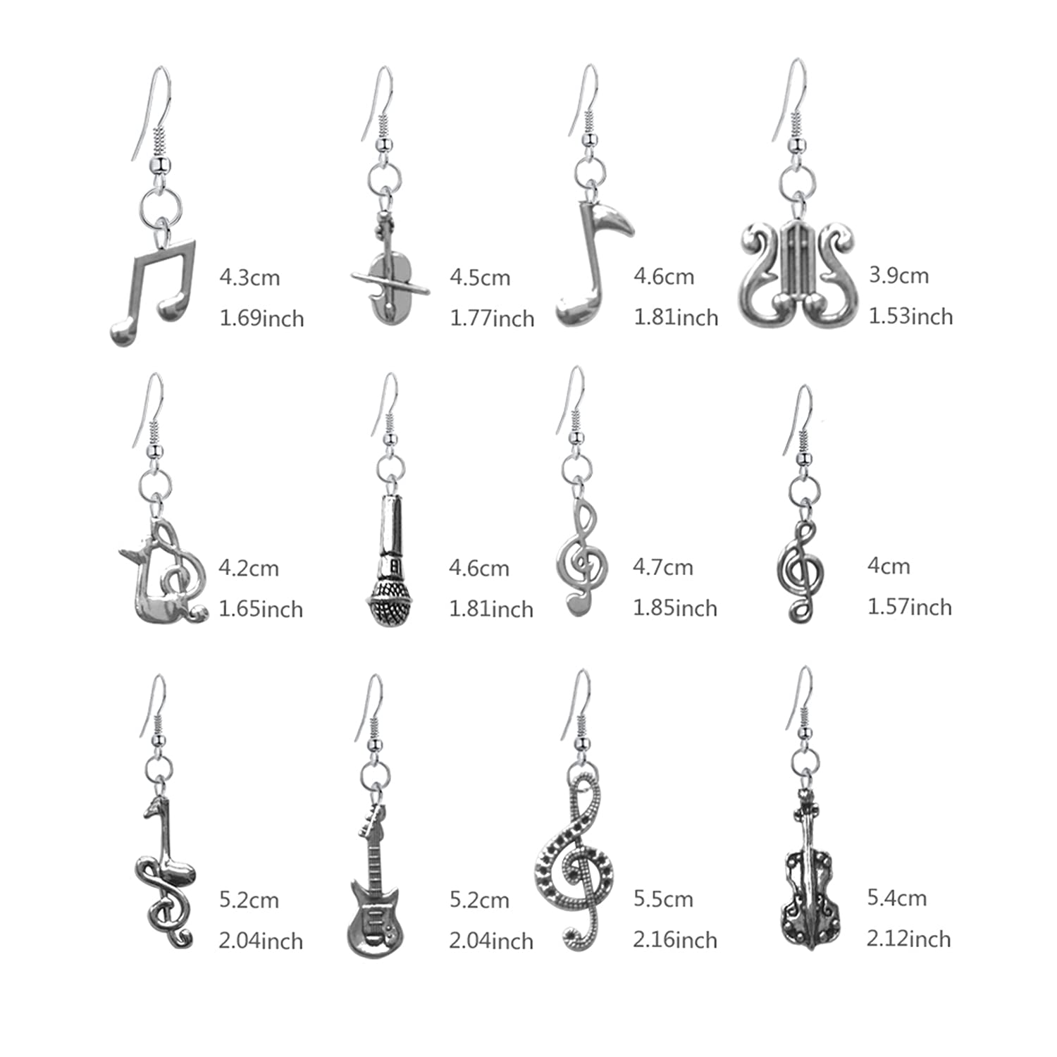 WUWEIJIAJIA 12 Pairs Lightweight Handmade Vintage Silver Music Note Dangle Drop Earrings Sets Musical Instrument Guitar Violin Earrings for Women Music Lover (Silver)