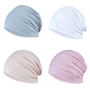 poemlife summer cotton thin beanies soft stretch hip-hop sleep caps for men women(4 pack gray & white & beige & light pink)