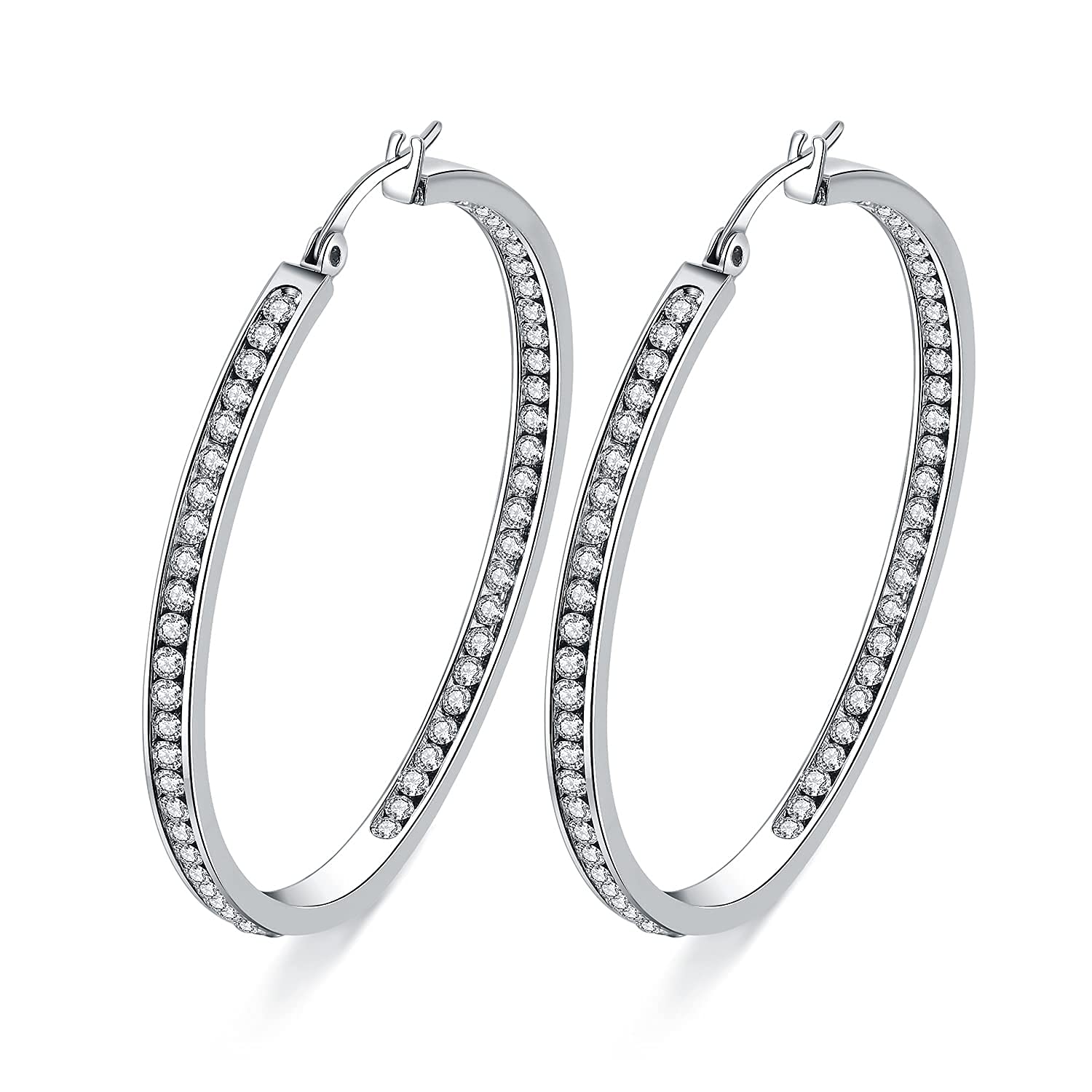 weinuo 2 Inch Stunning Stainless Steel White Cubic Zirconia Hoop Earring for Women Hypoallergenic Jewelry for Sensitive Ears Large Big Hoop Earrings 50MM