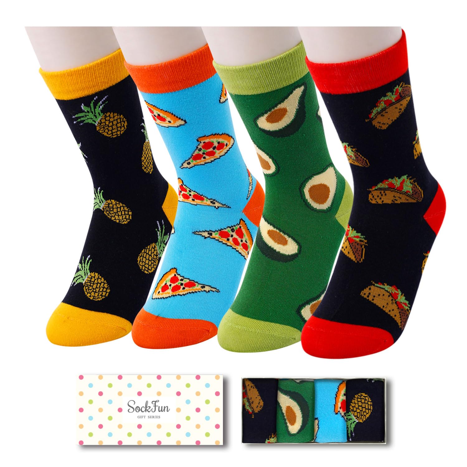 sockfun Funny Socks For Boys 7-9 Years Old, Pizza Box Socks Taco Pineapple Avocado Socks Kids, 4 Pack