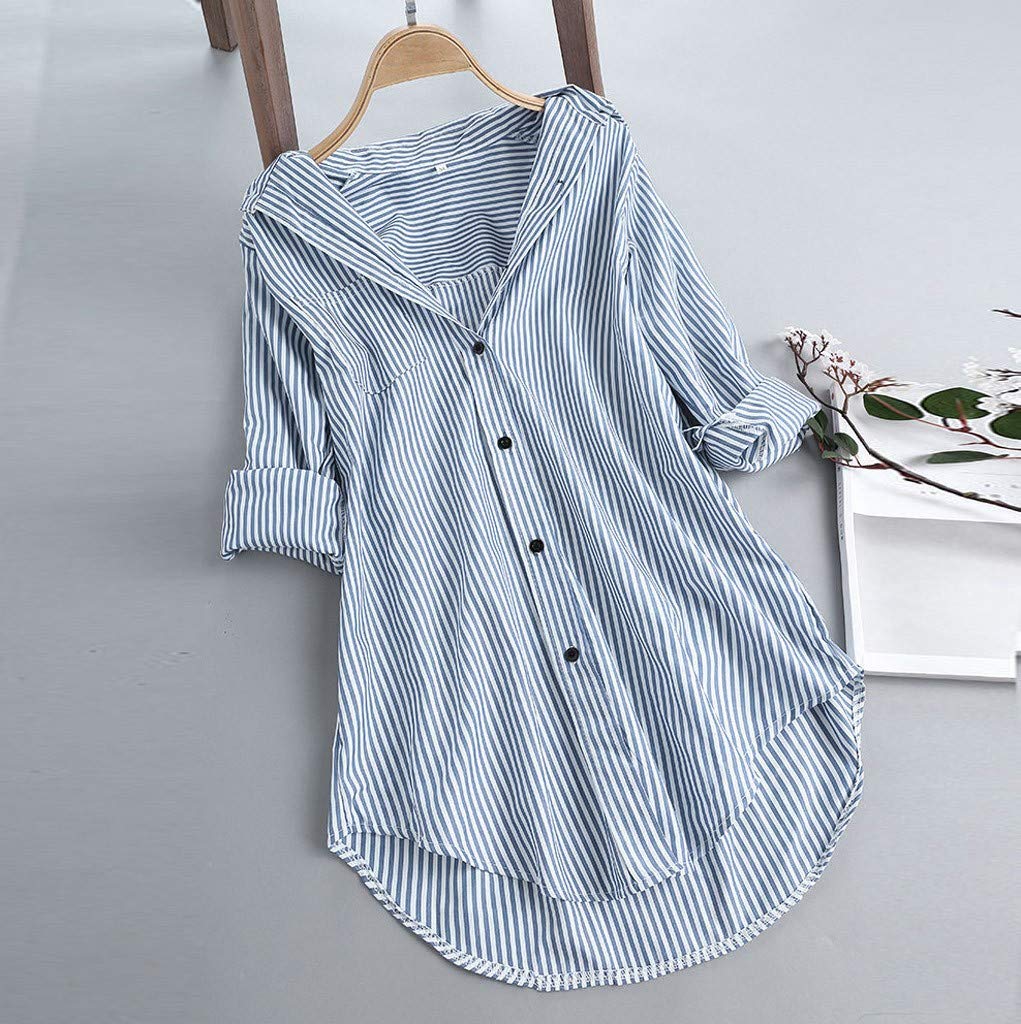 SHOPESSA Women's Striped Tunic Button Shirts Long Sleeve V Neck Plus Size High Low Blouses for Women Wear to Work Sky Blue