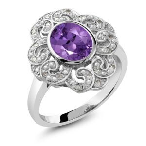 gem stone king simulated purple amethyst gorgeous rhodium plate vintage style halo ring (available in size 5, 6, 7, 8, 9)