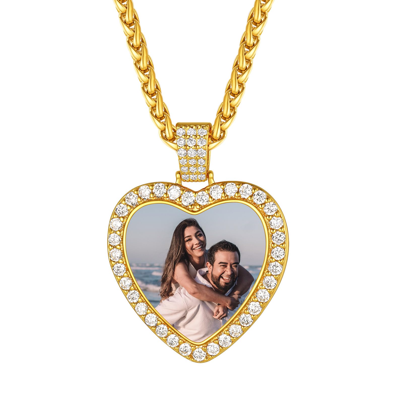 Custom Necklace with Picture Inside Photo Necklace Personalized Memorial Heart Necklaces for Women Bling CZ 18K Gold Plated Fake Gold Pendant Engraved 18'' 22'' Keepsakes Hiphop Jewelry for Lover Mother Gift for Family Couples